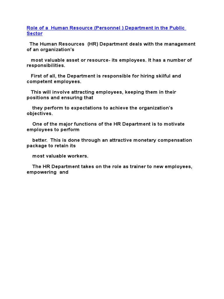 Role of A Human Resource (Personnel) Department in The Public Sector | PDF