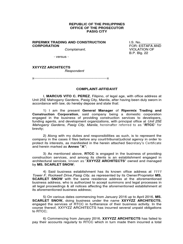 Complaint-Affidavit-for-Estafa-and-Violation-of-BP22.docx | Affidavit ...