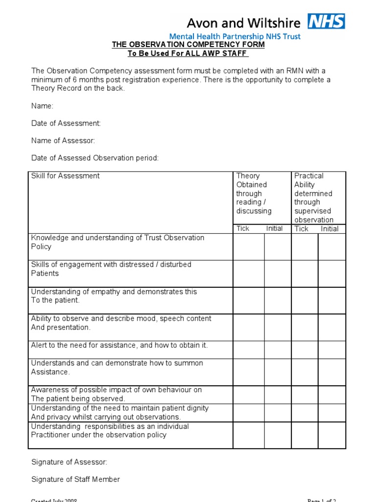 Observation Competency Assessment Form | PDF | Cognition | Behavioural ...