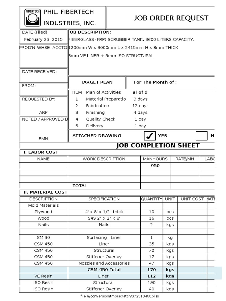 Job Order Request: Phll. Flbertech Lndustrles, LNC | Download Free PDF ...