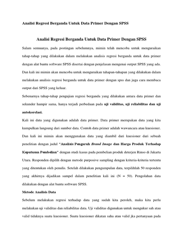 Analisi Regresi Berganda Untuk Data Primer Dengan SPSS | PDF