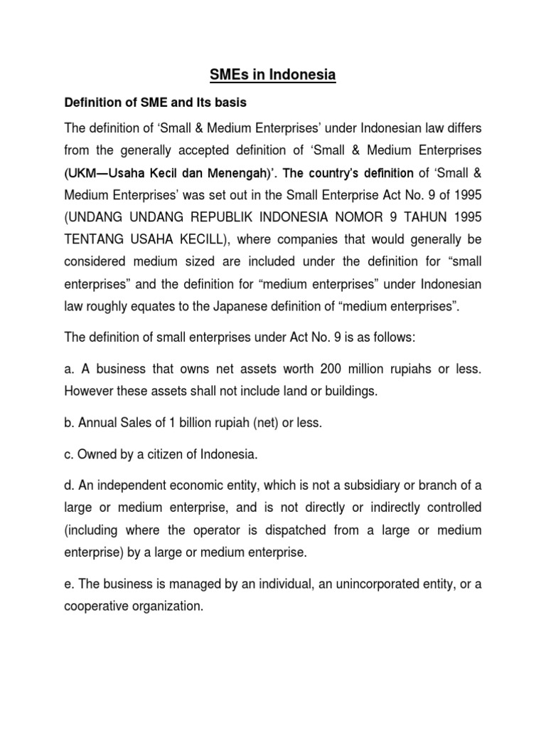 Smes in Indonesia: Definition of Sme and Its Basis | PDF | Small And ...
