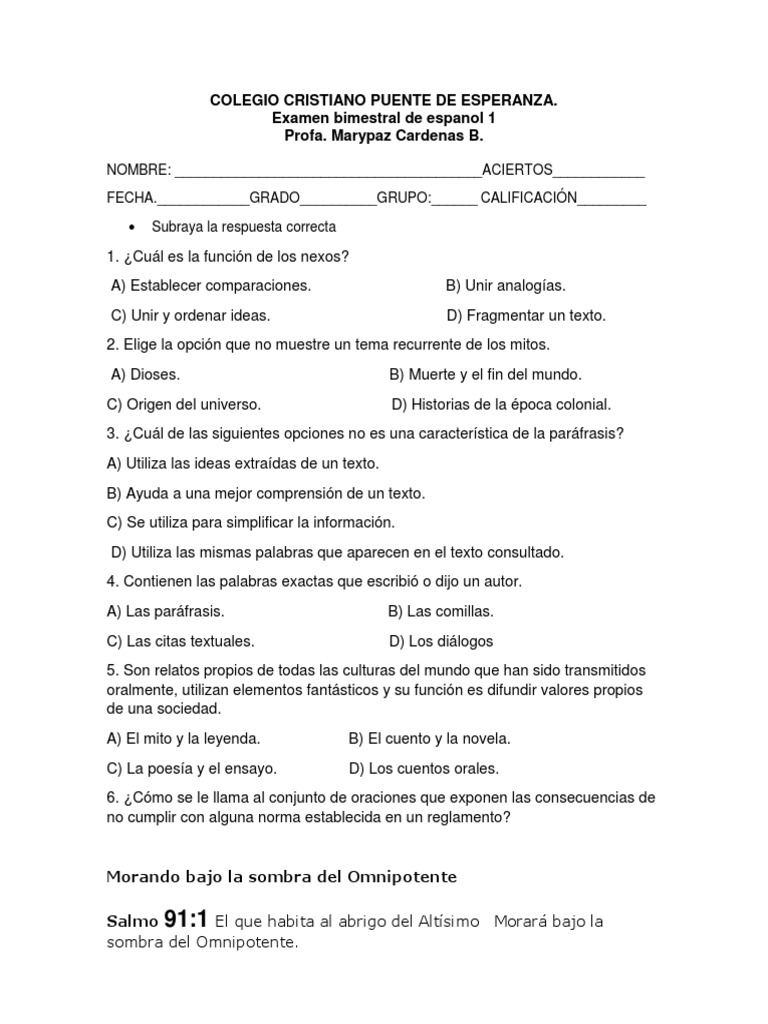 Examen Espanol 1 Primer Bimestre - Preguntas y Respuestas | PDF ...