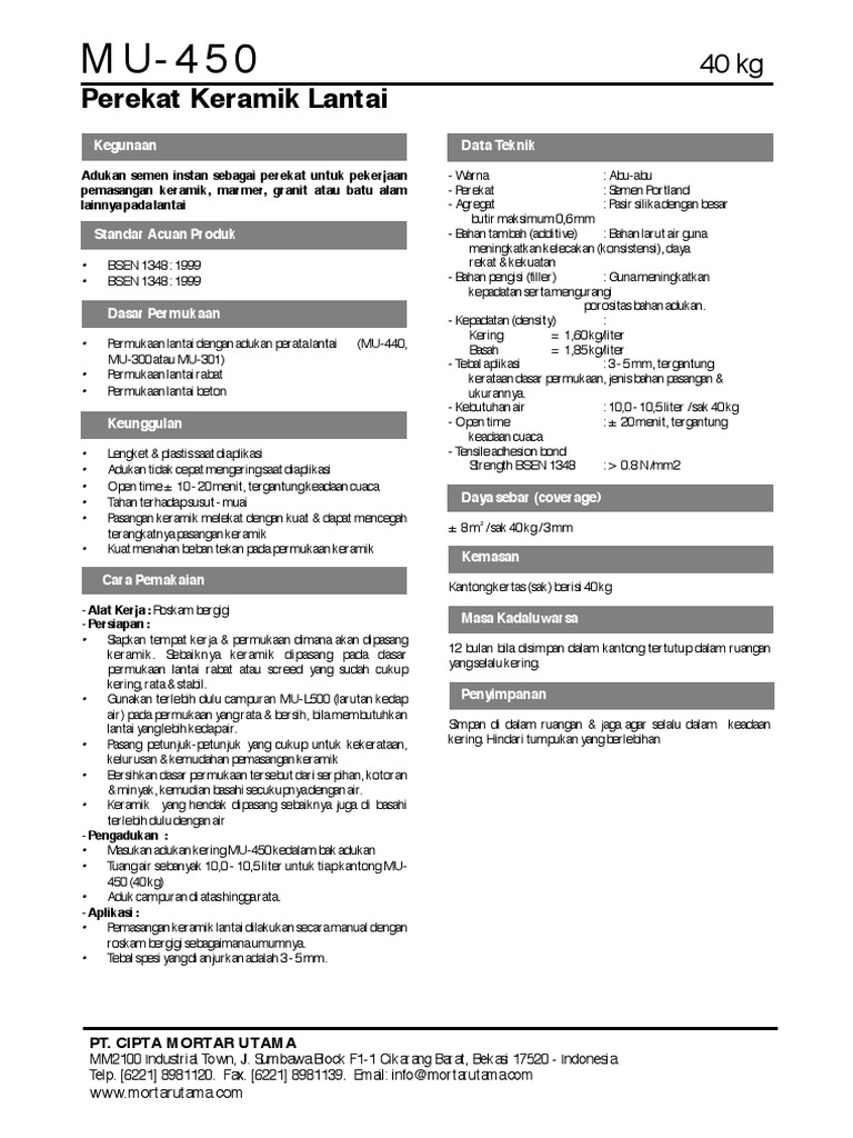 Perekat Keramik MU-450: Panduan Aplikasi | PDF