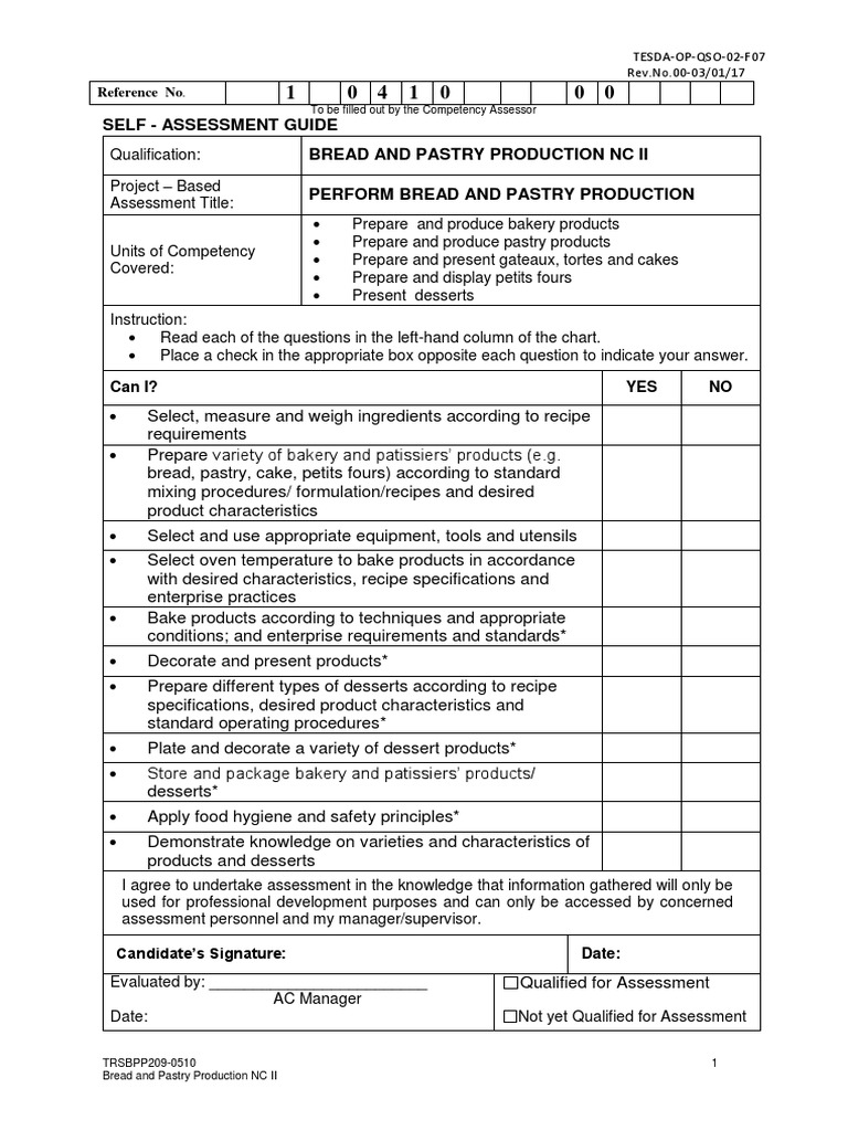 Self Assesment Guide For Bread and Pastry Production NC II | PDF ...