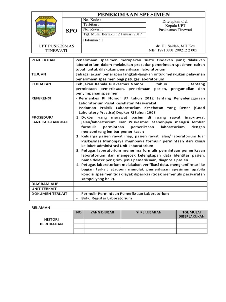 8.1.2.1 SOP Penerimaan Spesimen | PDF
