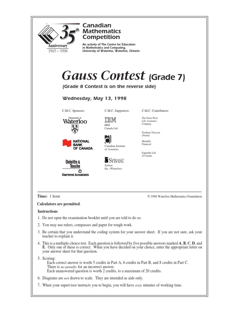 1998 Gauss 7 Contest | PDF | Triangle | Geometry