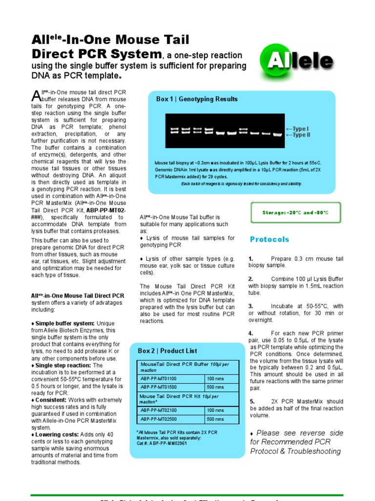 Allele-In-One Mouse Tail Direct Lysis Buffer/PCR Kit | PDF | Polymerase ...