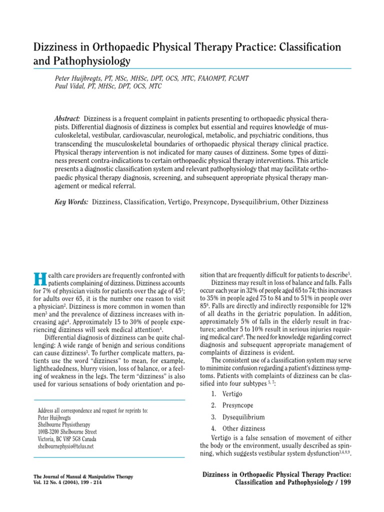 Vertigo Dizziness Classification Pathophysiology | PDF | Vertigo ...