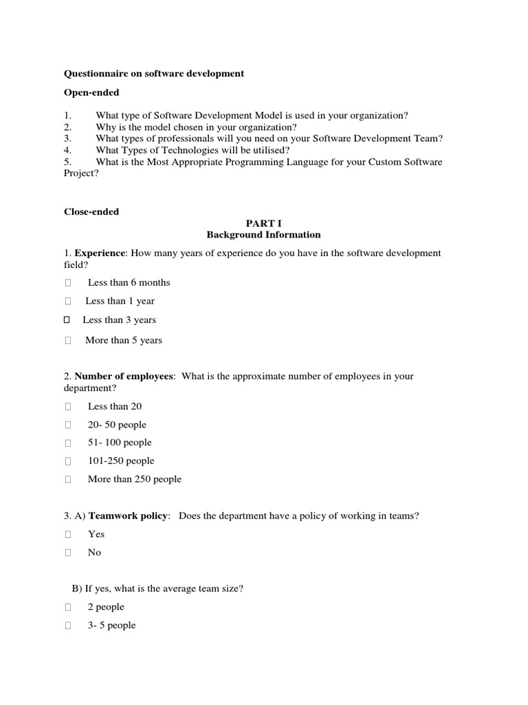 Software Development Model Questionnaire | PDF | Software Development ...