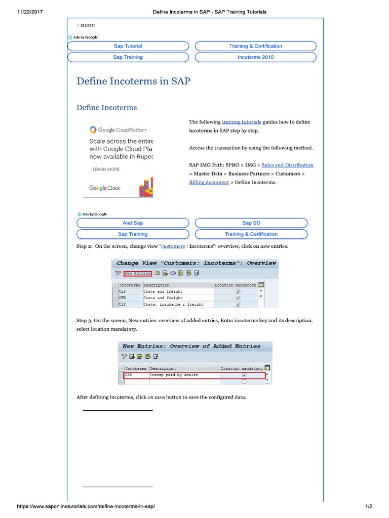 A Incoterms in SAP | PDF