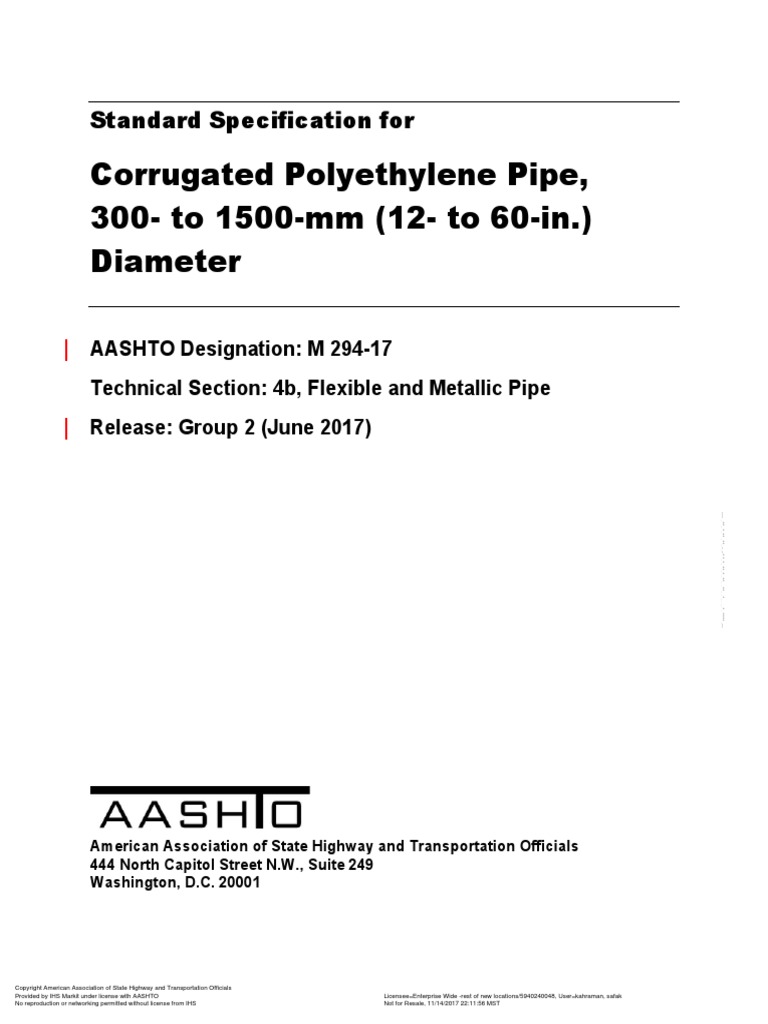 AASHTO M294 | Pipe (Fluid Conveyance) | Polyethylene