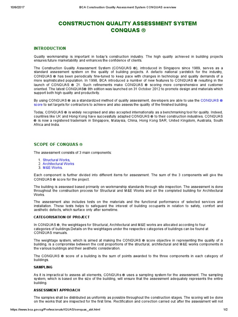 BCA Construction Quality Assessment System CONQUAS Overview | Quality ...
