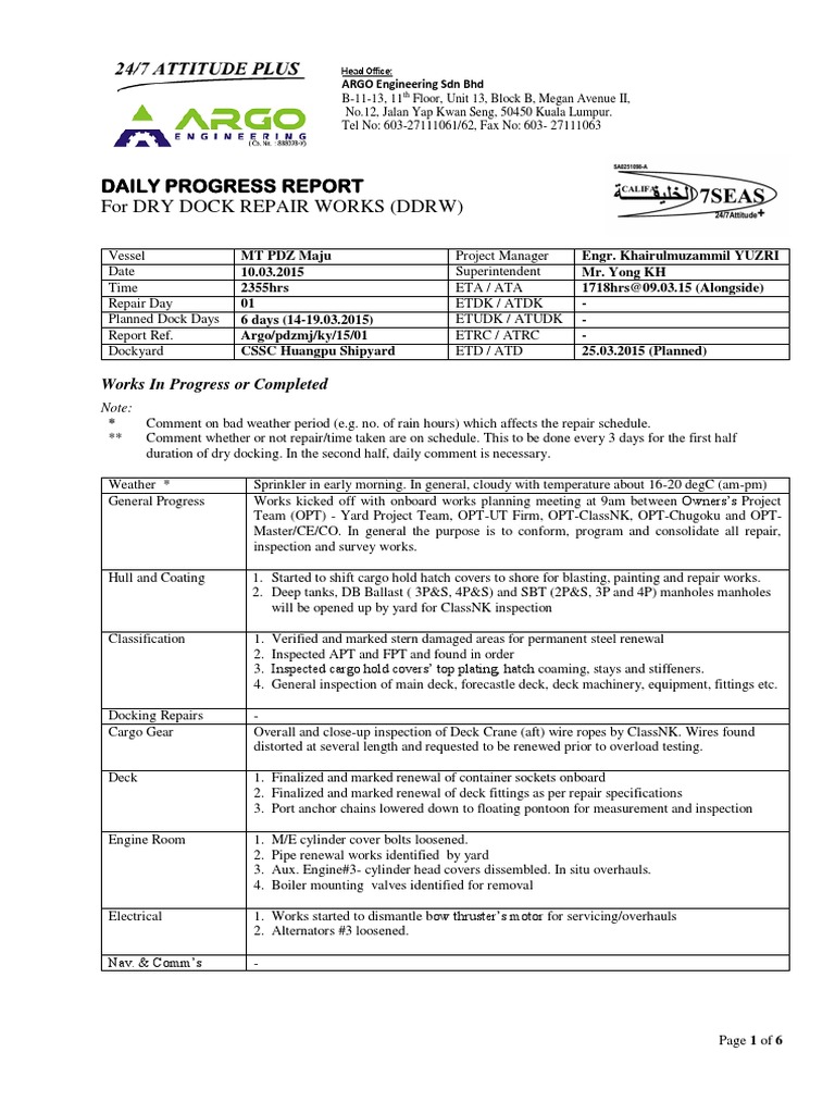 Sample DAILY PROGRESS REPORT For DRY DOC | Shipping | Shipbuilding
