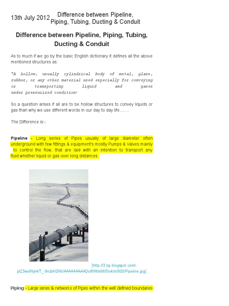 Difference Between Pipeline, Piping, Tubing, Ducting & Conduit | PDF ...