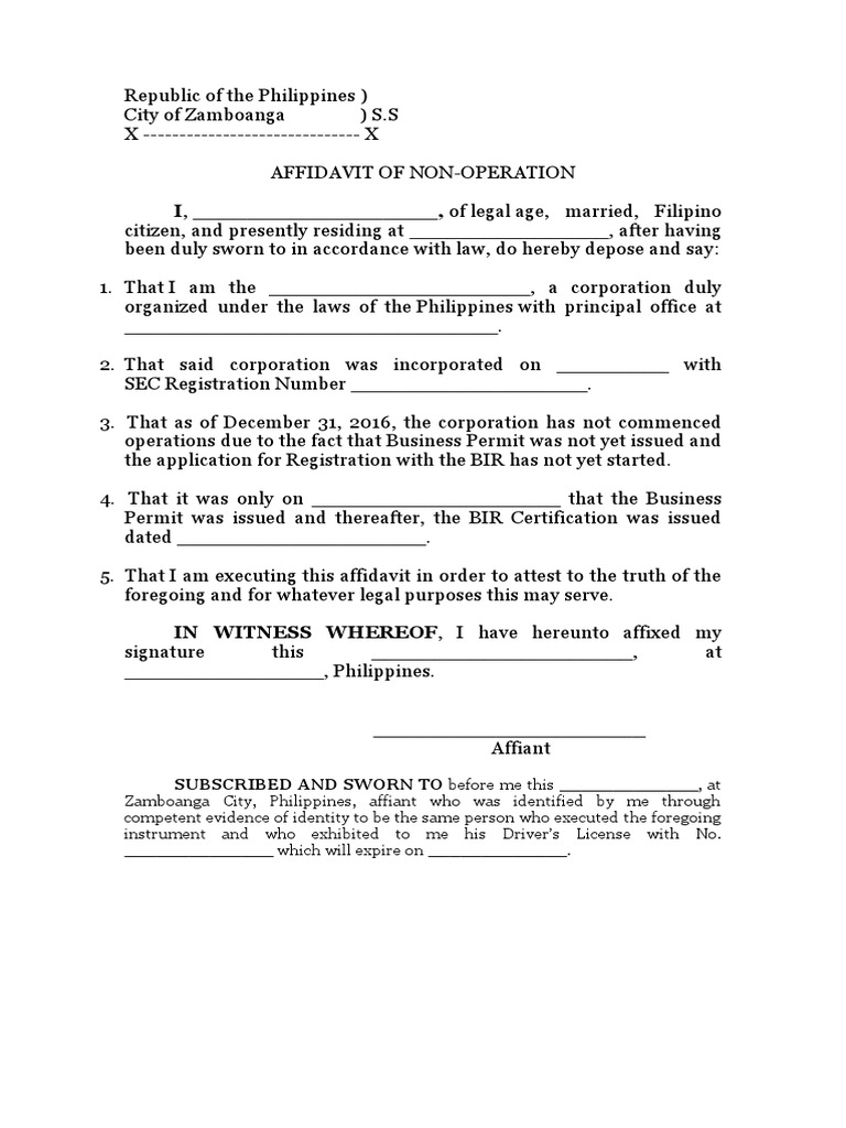 Affidavit of Non-Operation of Business | PDF | Affidavit | Document