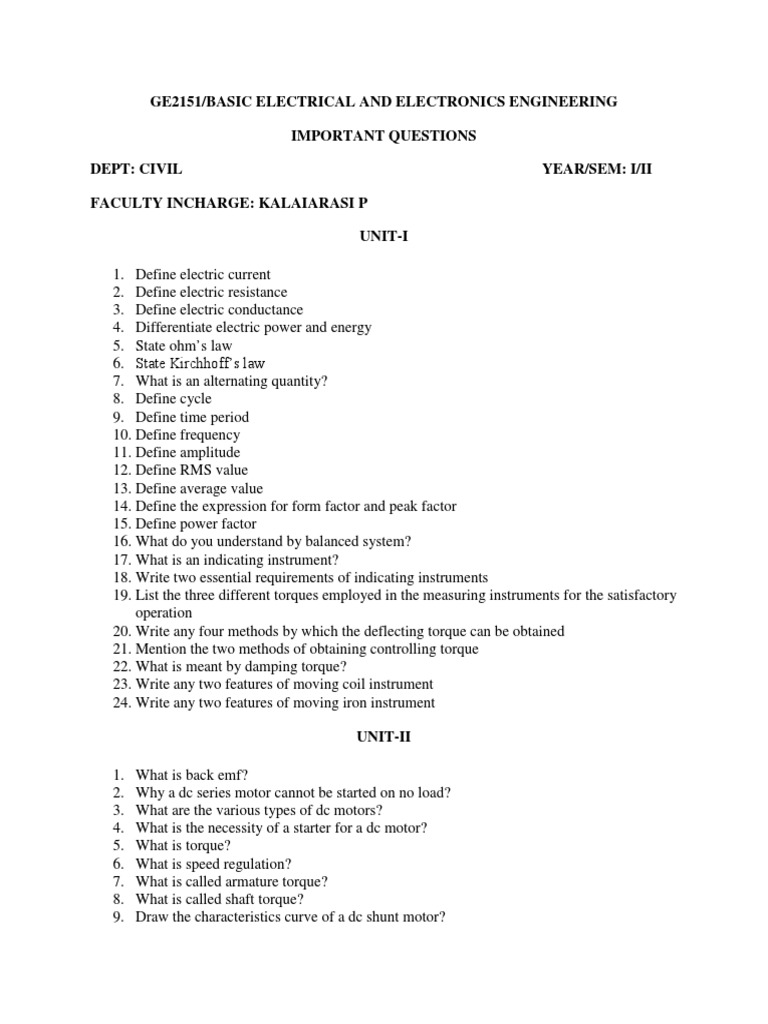 Ge2151/Basic Electrical and Electronics Engineering Important Questions ...