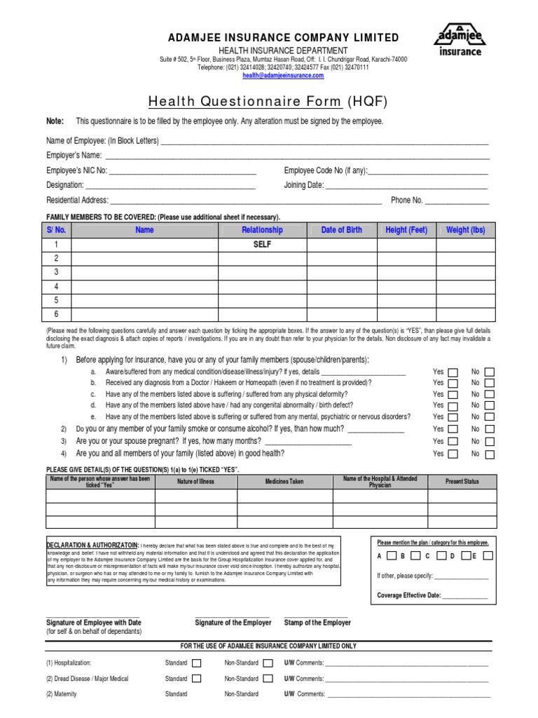 Adamjee Health Insurance Questionnaire | PDF | Physician | Psychiatry