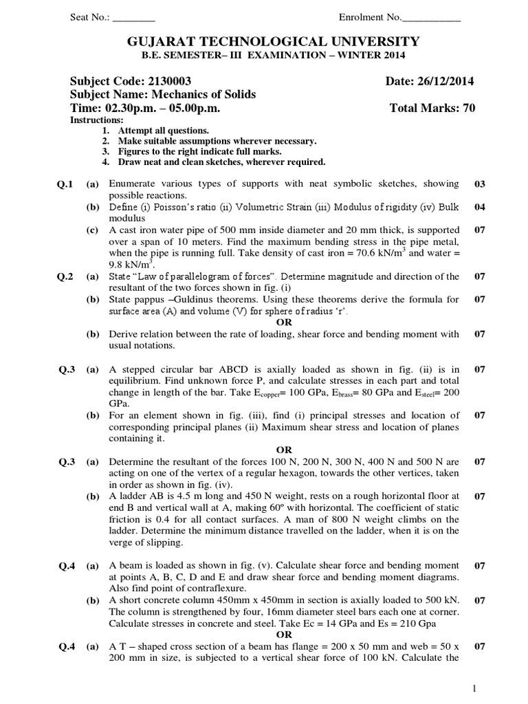 Mechanics of Solids GTU Papers | Download Free PDF | Bending | Stress (Mechanics)