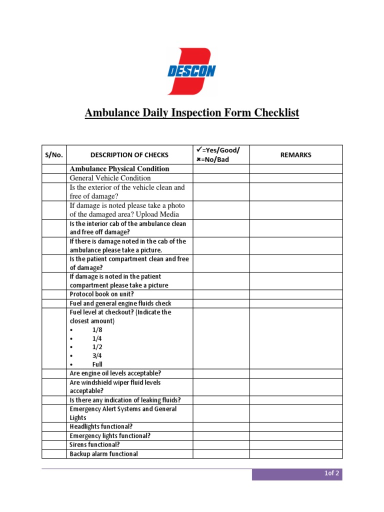 Daily ambulance inspection checklist | PDF | Ambulance | Vehicles