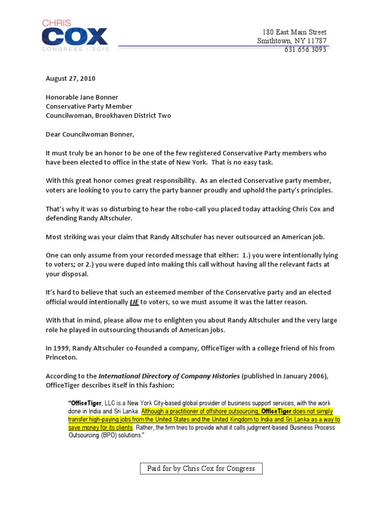 Cox Letter To White | Download Free PDF | Outsourcing