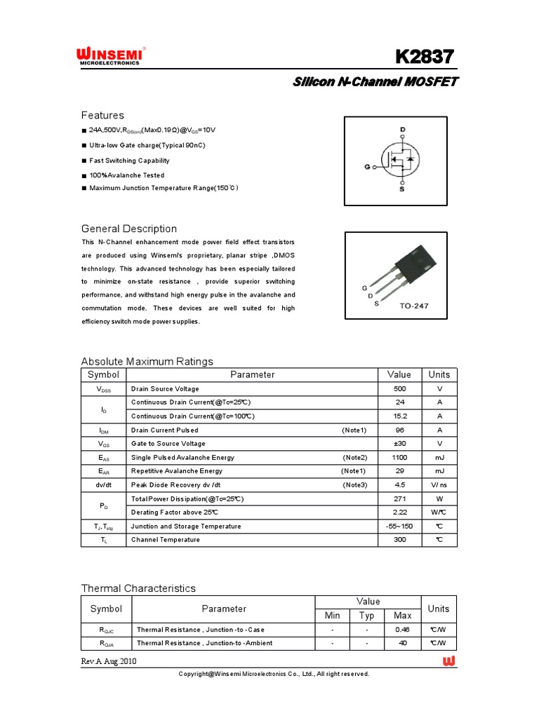 High Voltage N-Channel MOSFET Transistor Datasheet: K283 28377 Features ...
