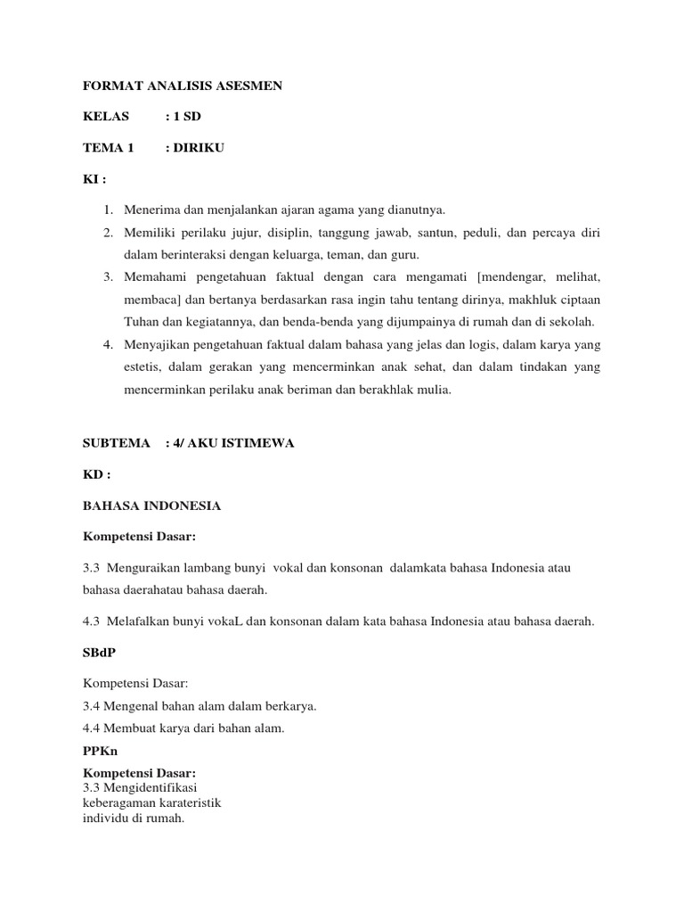 Analisis Asesmen Kelas 1 Tema Diriku | PDF | Kesehatan Holistik