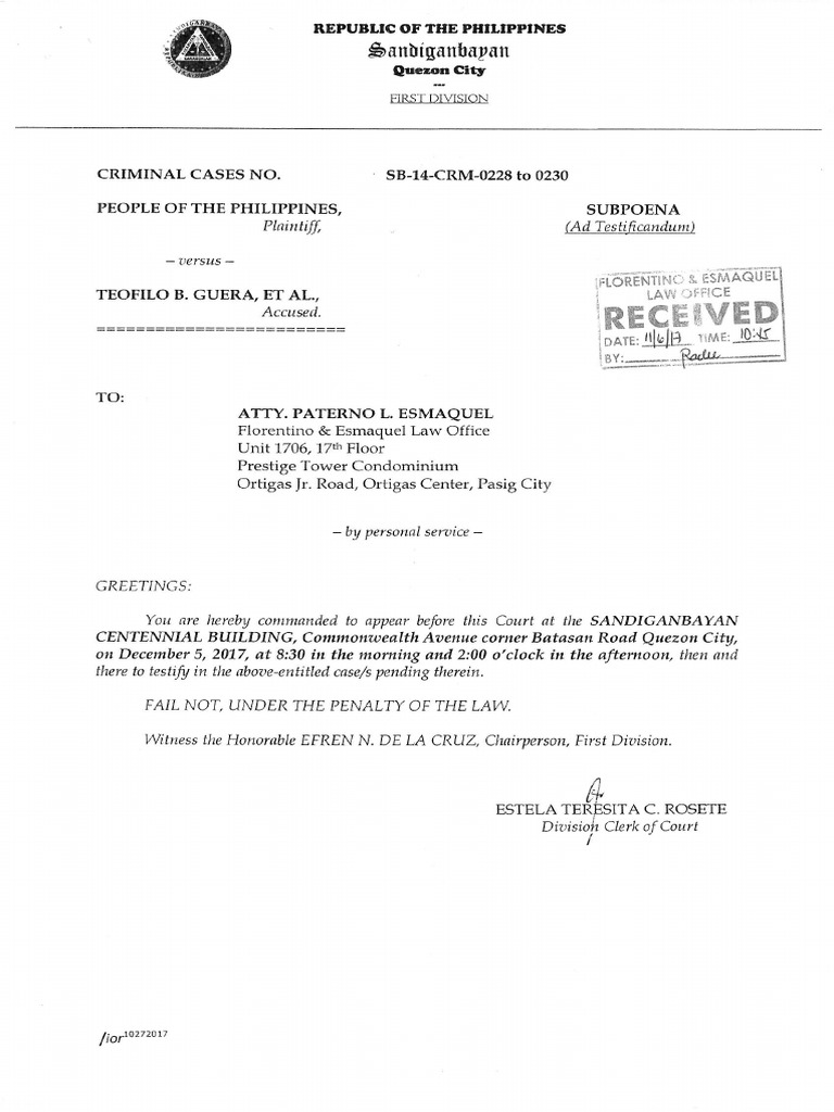 Subpoena Ad Testificandum (Atty. Paterno L. Esmaquel)