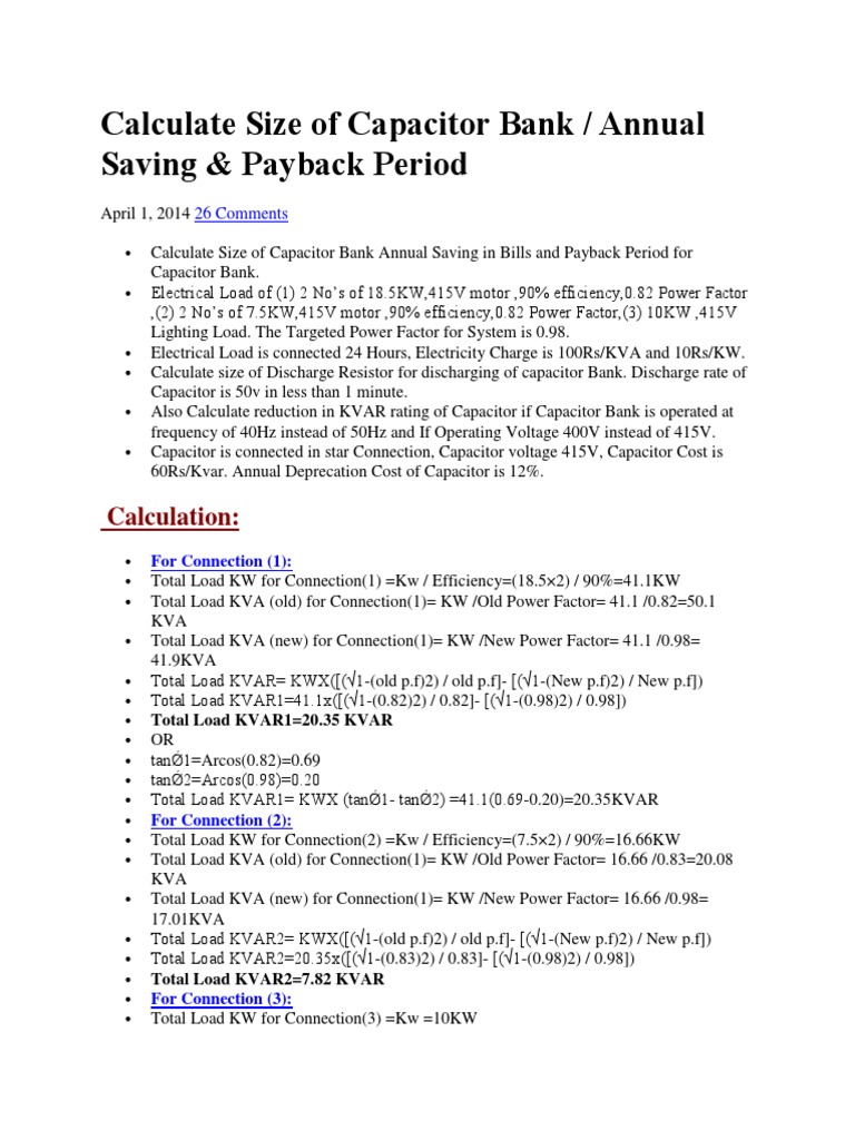 Calculate Size of Capacitor Bank | PDF | Capacitor | Resistor