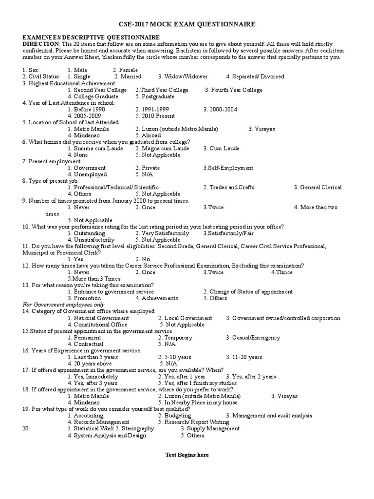 Civil Service Mock Exam | PDF | Dolphin | Shyness