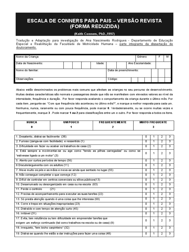 Escala de Conners para Pais - Versão Revisada | PDF