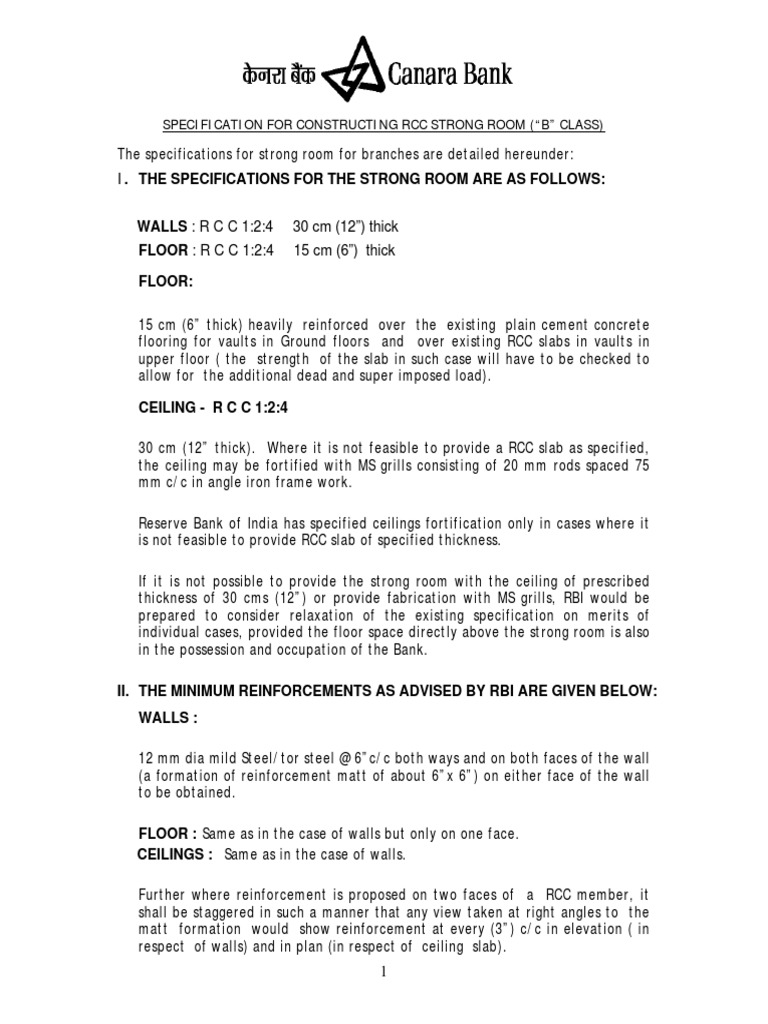 RCC Strong Room Construction Specs | PDF | Bank Vault | Buildings And ...
