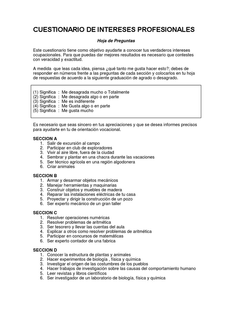 Cuestionario De Intereses Profesionales | Cuestionario