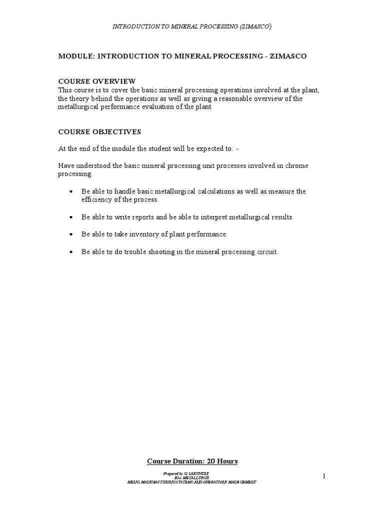ZIMASCO Mineral Processing Course Overview | PDF | Mill (Grinding ...
