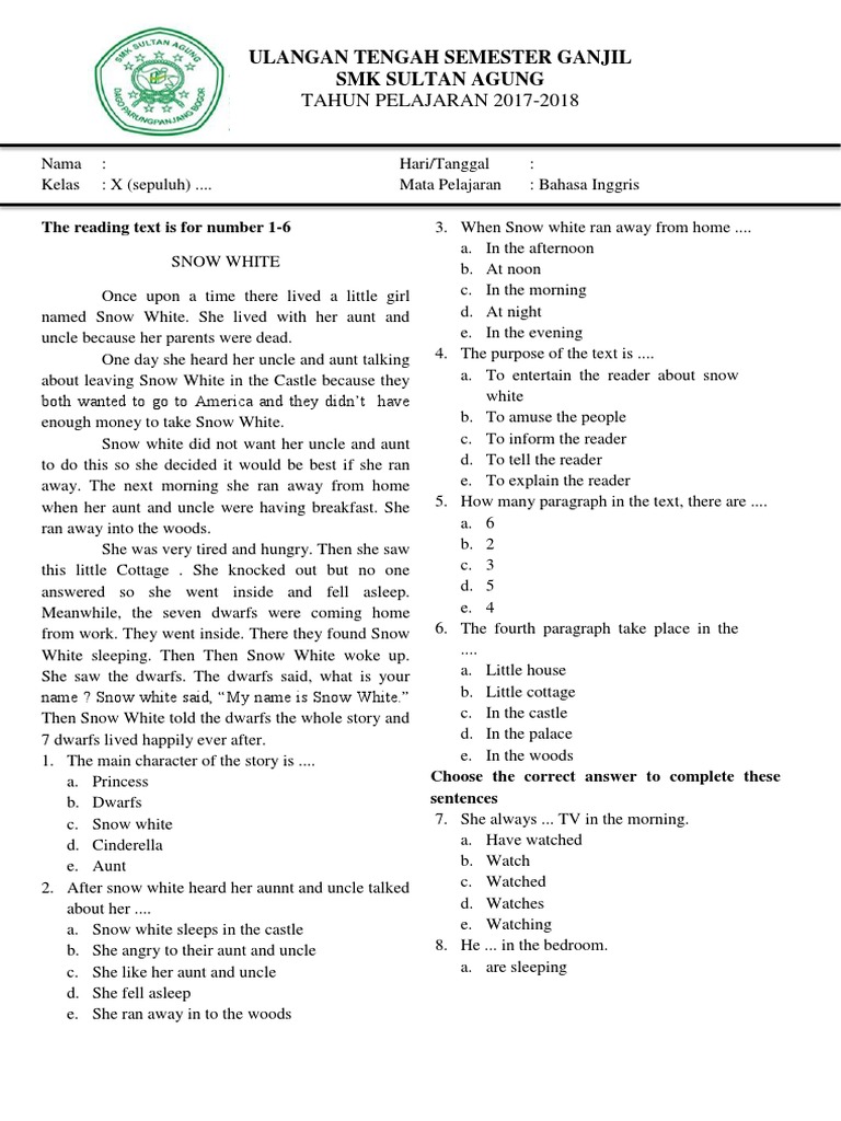 Snow White Reading Comprehension Test | PDF | Snow White