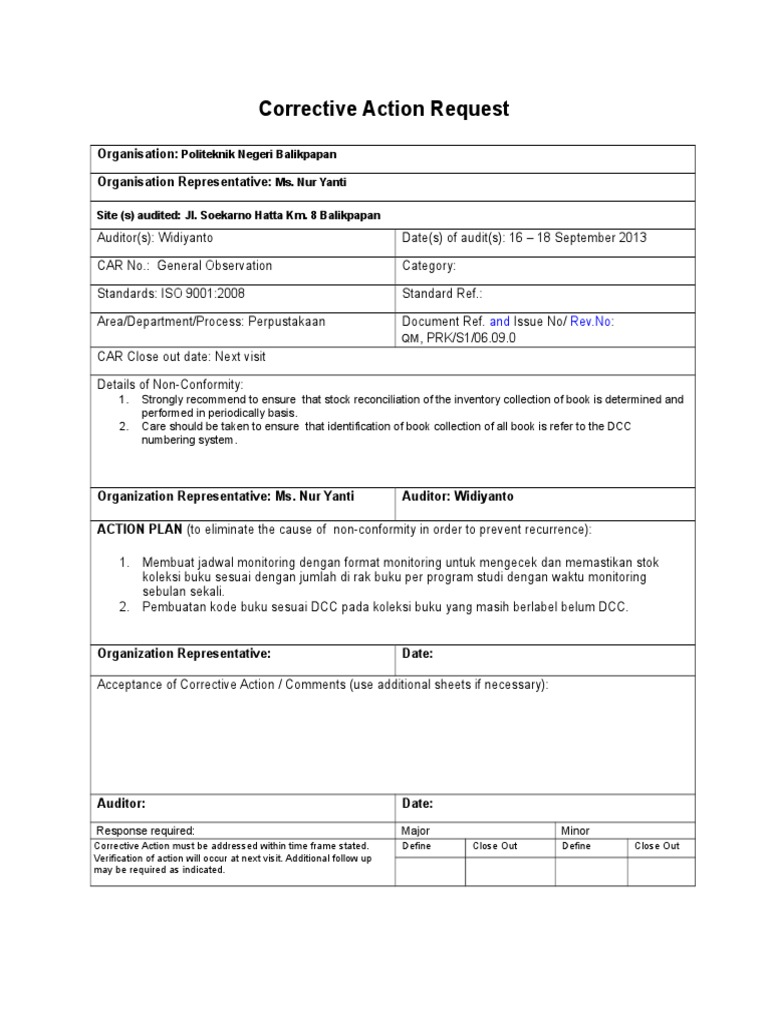 Corrective Action Request for Library Audit | PDF | Systems Thinking ...