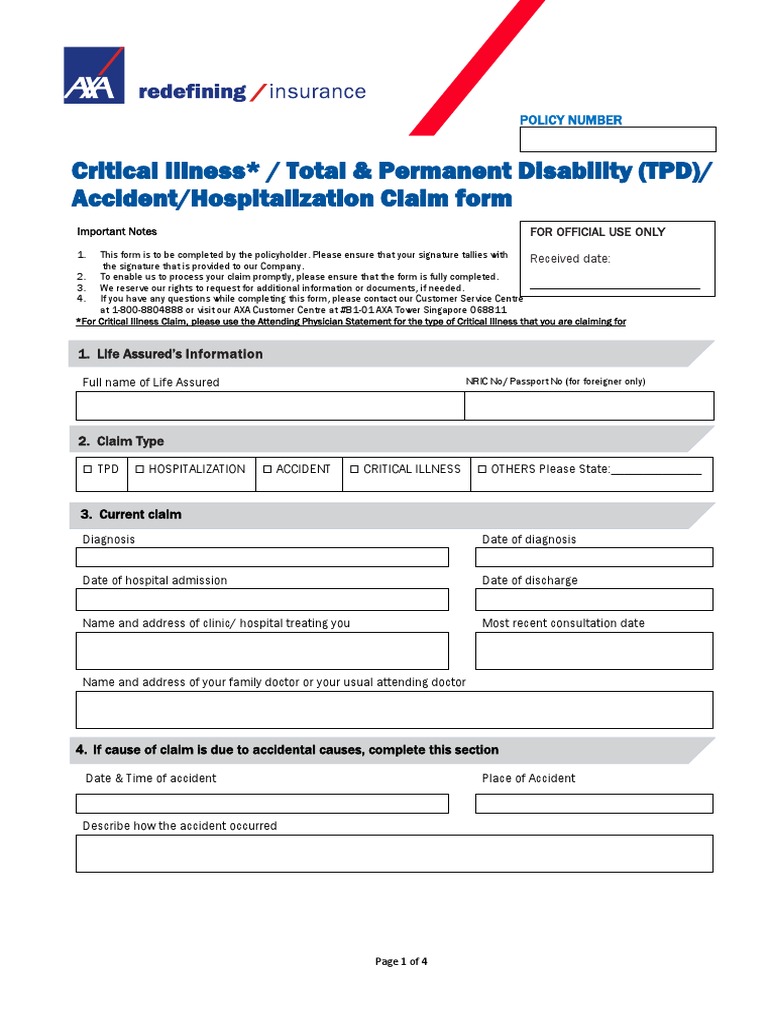 AXA TPD & Critical Illness Claim Form | PDF | Insurance | Personally ...