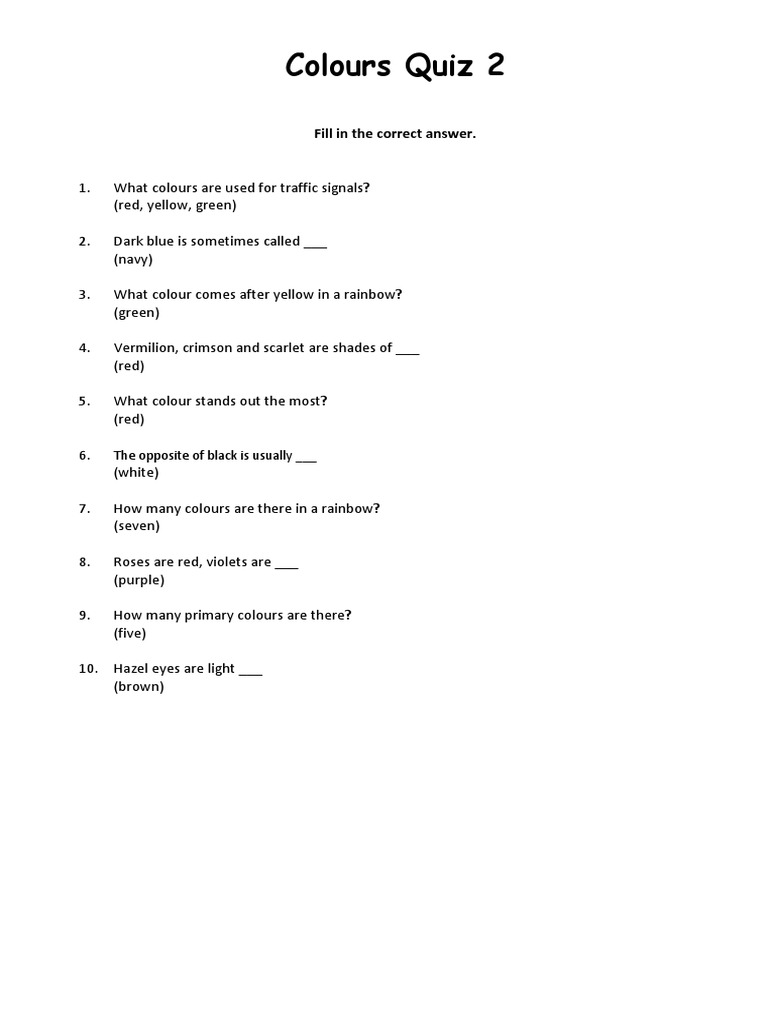 Colours Quiz 2: Fill in The Correct Answer | PDF