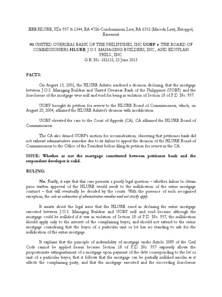 XIII. HULRB PDs 957 and 1344 - RA 4726 - Condo Law - RA 6552 (Maceda ...