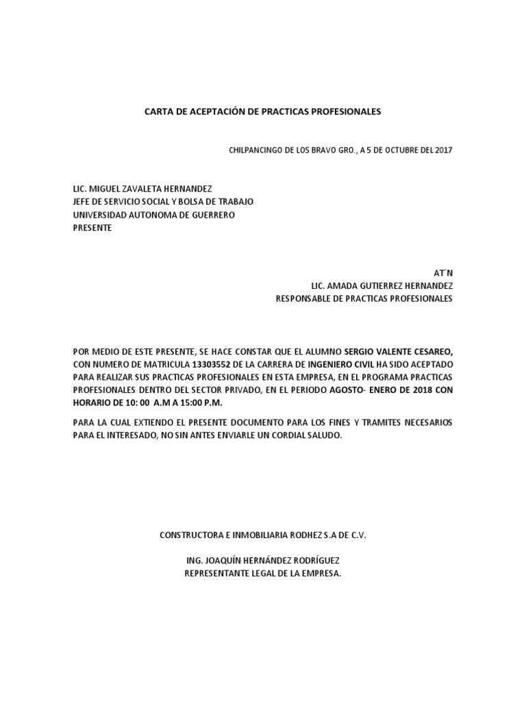 Carta De Aceptación De Practicas Profesionales Pdf