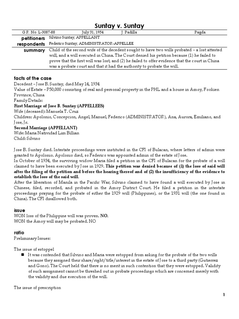 Suntay Vs Suntay | PDF | Will And Testament | Probate