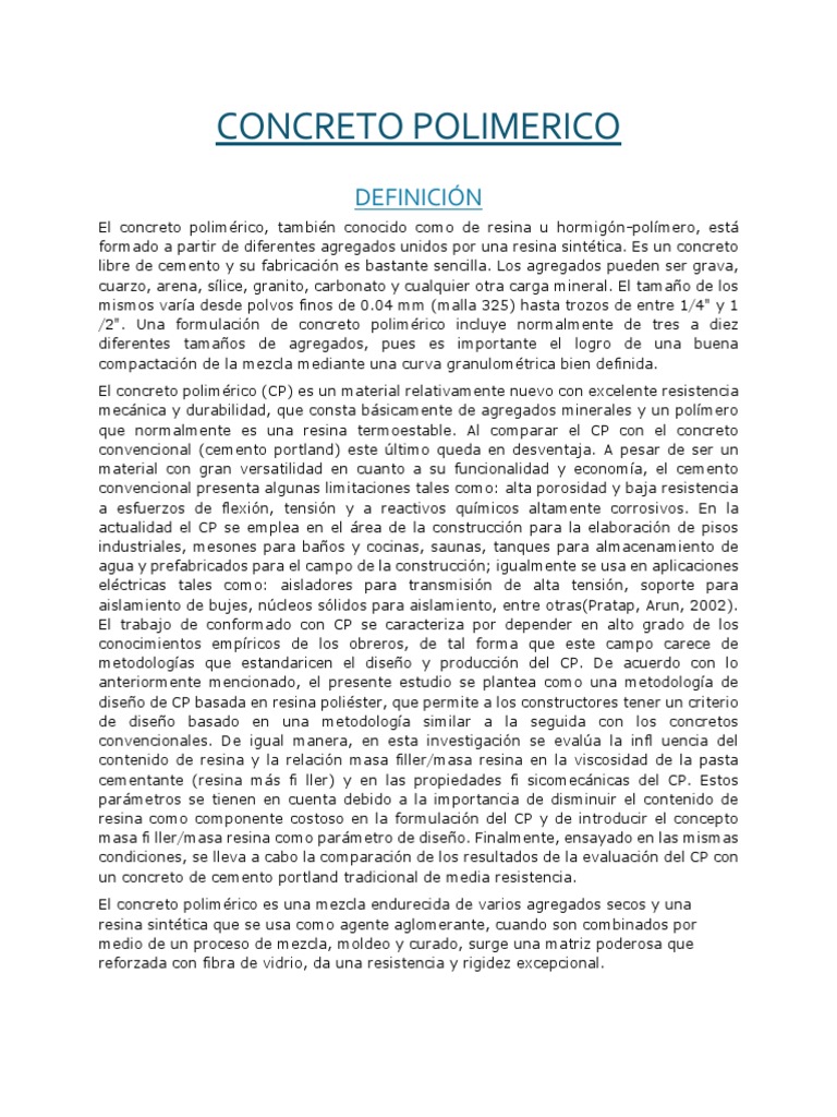 Concreto Polimérico: Ventajas y Usos | PDF | Polímeros | Hormigón