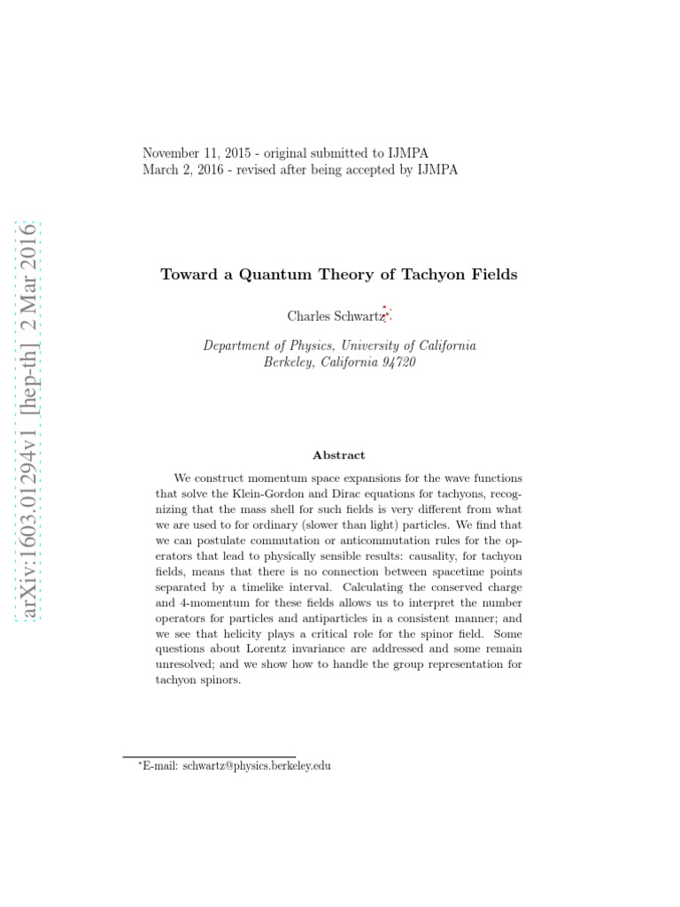Toward A Quantum Theory of Tachyon Fields | PDF | Wave Function | Field ...