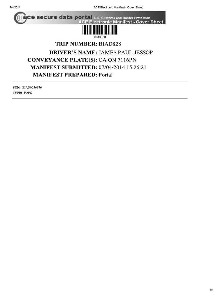 ACE Electronic Manifest - Cover Sheet 828 | PDF