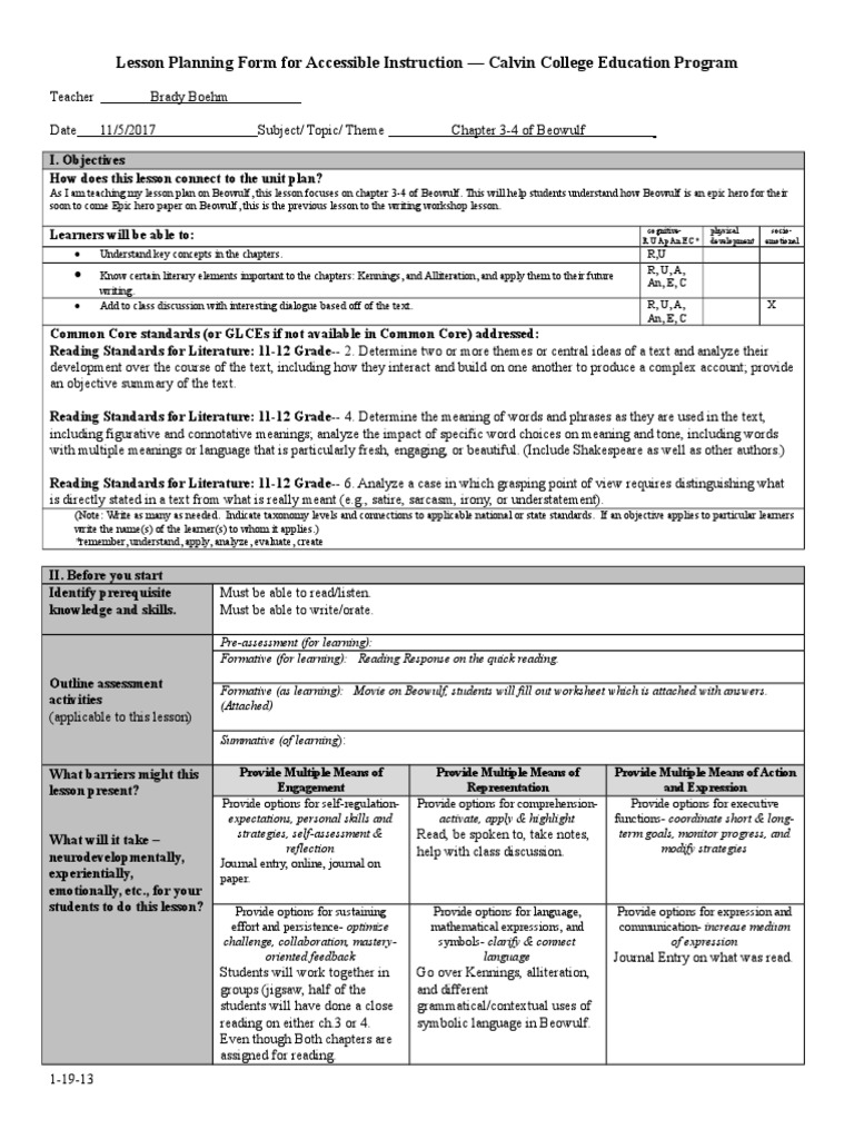 Lesson Plan - Beowulf CH 3-4 | Lesson Plan | Teachers