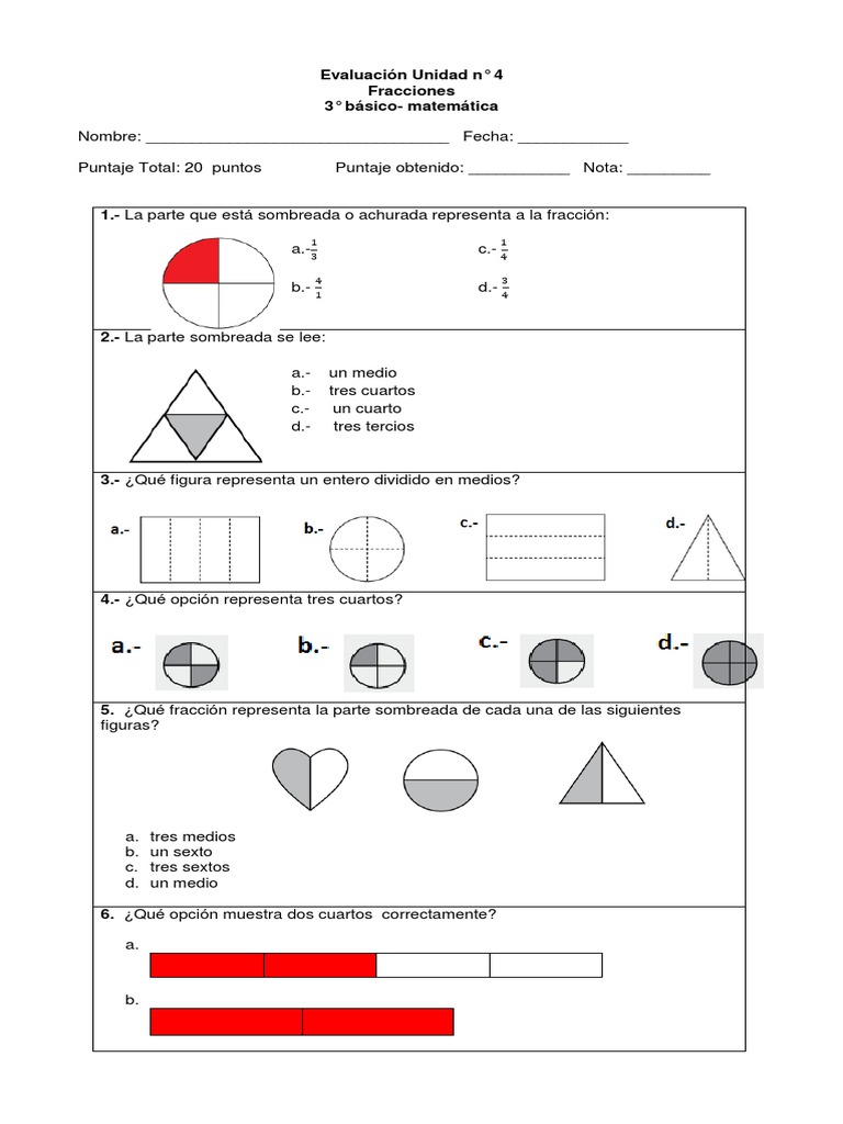 Prueba Fracciones Tercero | Fracción (Matemáticas) | Deportes