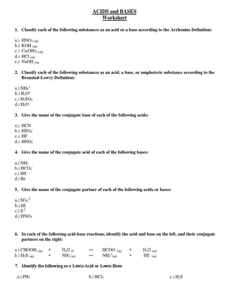 Acids and Bases Identification Worksheet | PDF | Acid | Atoms