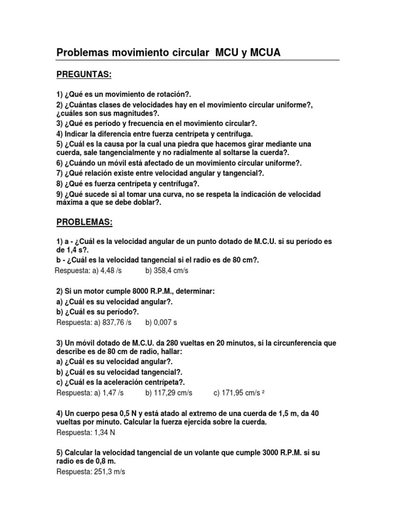 Problemas Movimiento Circular MCU y MCUA | PDF | Movimiento (física ...
