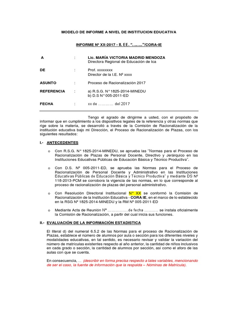 Modelo de Informe de Inst Educativa | Salón de clases | Excedente económico