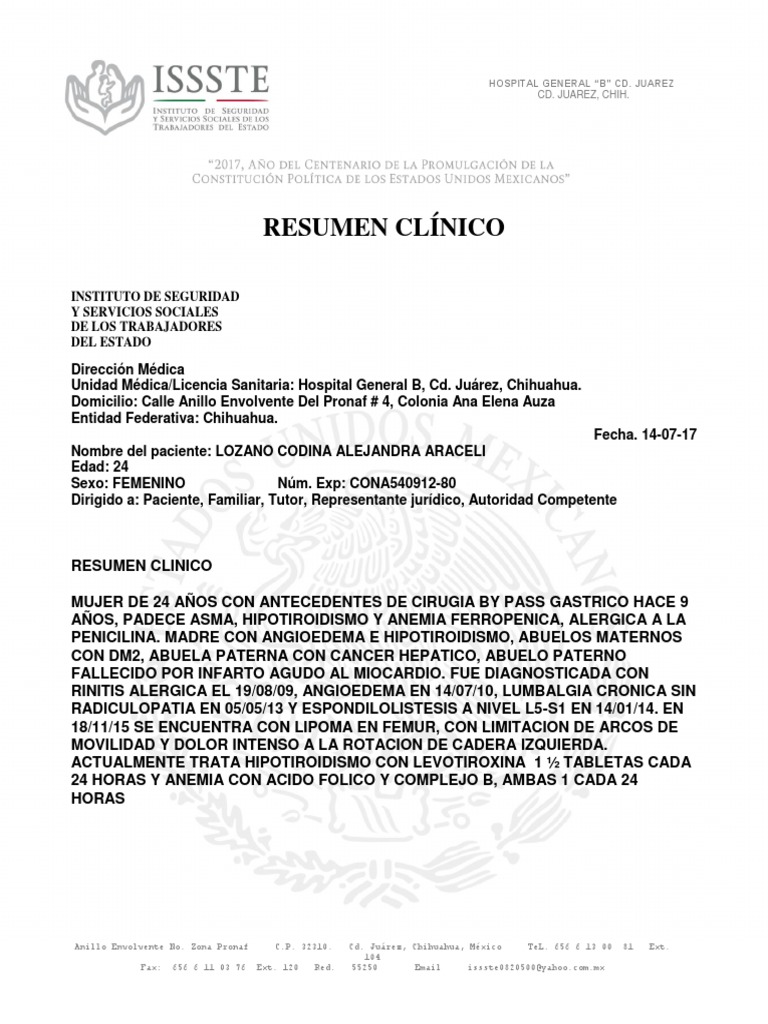 Formato de Resumen Clinico 3 | PDF